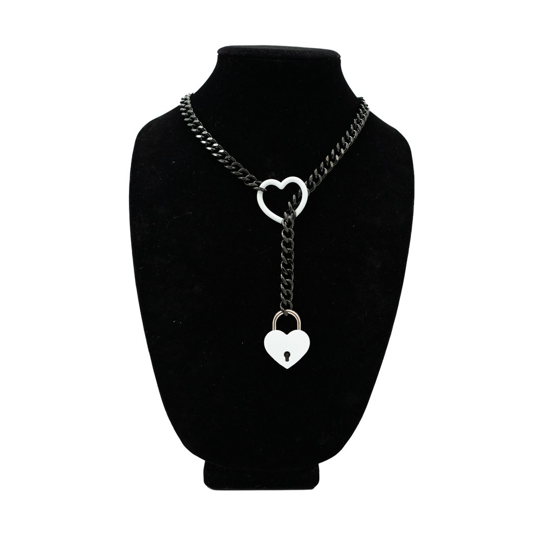 White/black Heart Ring Slip Chain With Padlock,fashion Black Leash ...