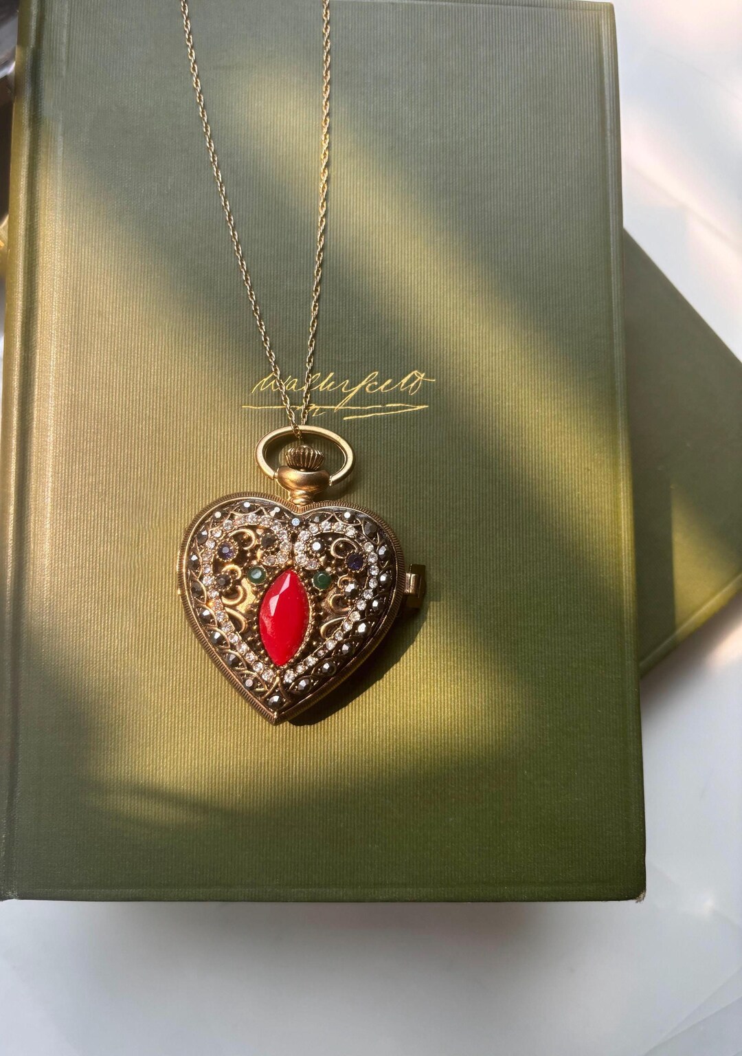Vintage Heart Locket Watch Necklace • Unique Crystaling & Gems • One of ...