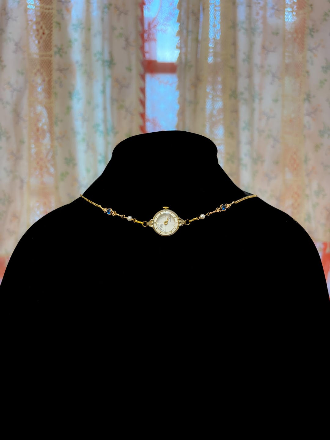 Gold Pearl Watch Choker – 1960s Mechanical Clock Face Necklace With ...