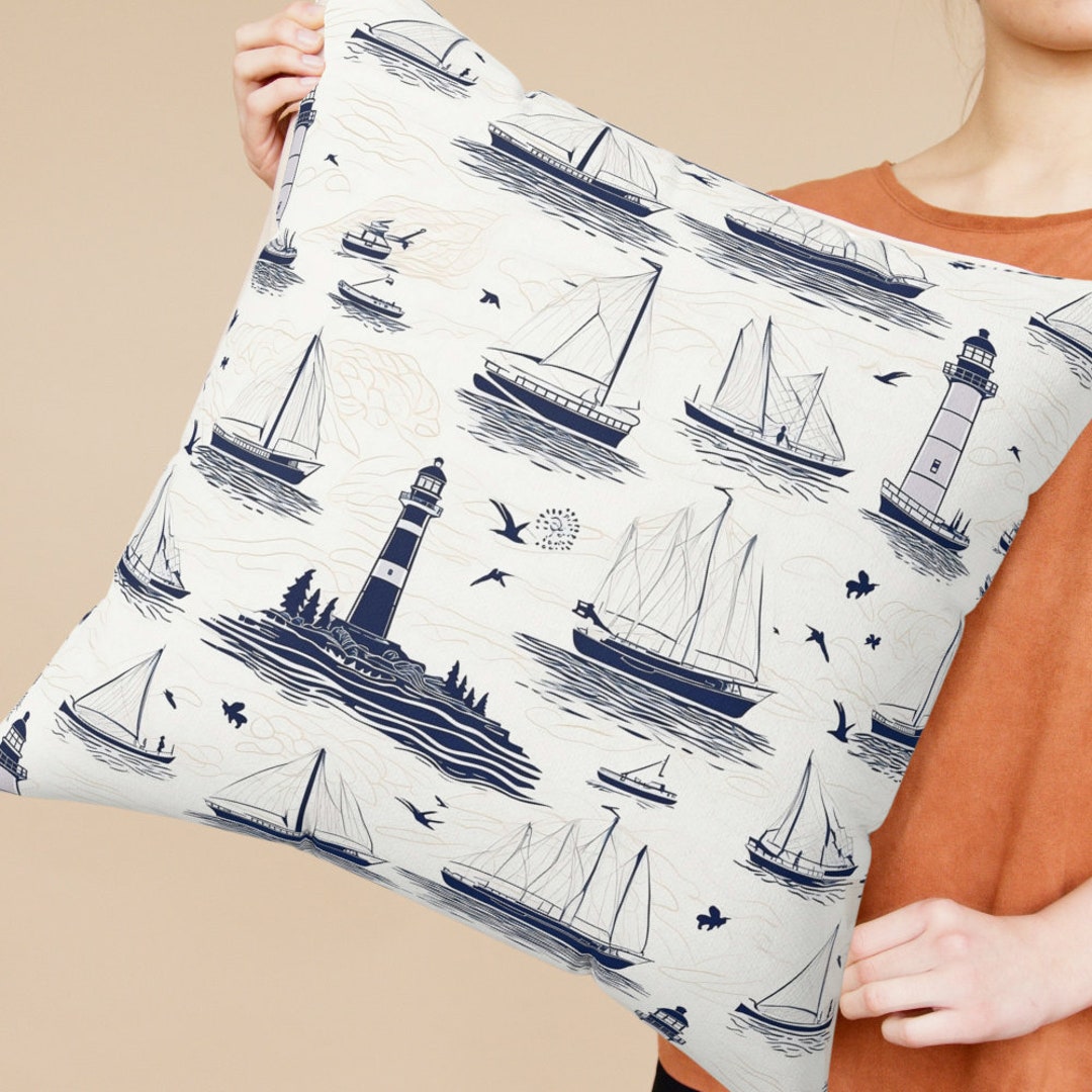 Nautical Theme Indoor Pillow, Lighthouses, Tall Ships, and Seagulls ...