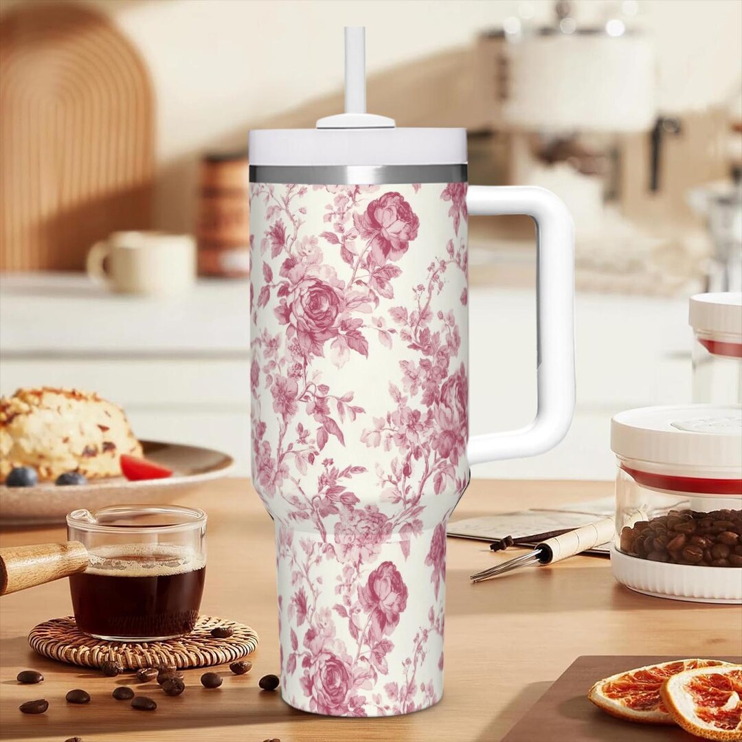 Pink Toile 40oz Stainless Steel Tumbler With Handle, Vintage Floral ...