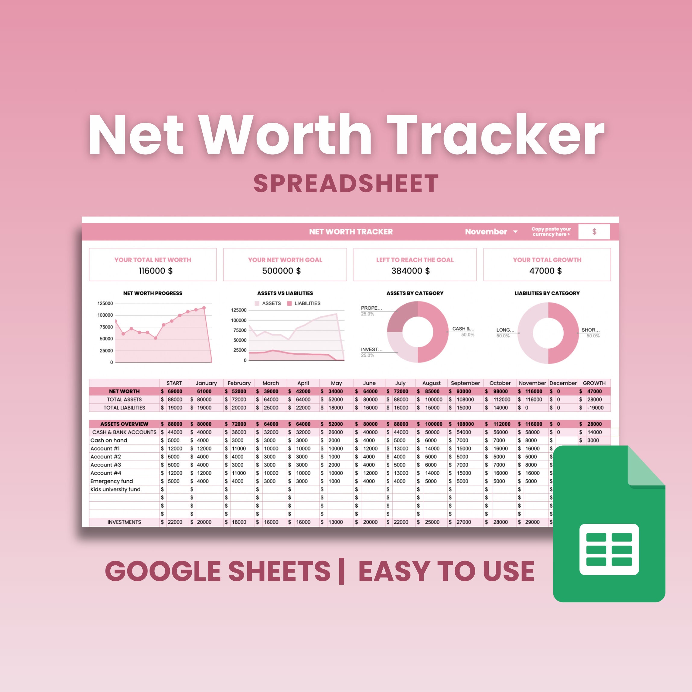 NET WORTH TRACKER Spreadsheet for Google Sheets Assets & Liabilities ...