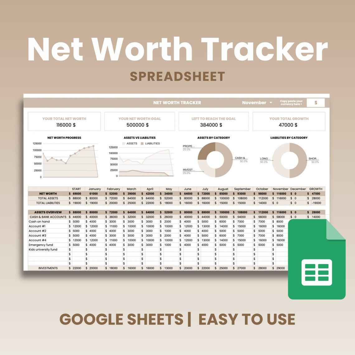 NET WORTH TRACKER Spreadsheet for Google Sheets Assets & Liabilities ...