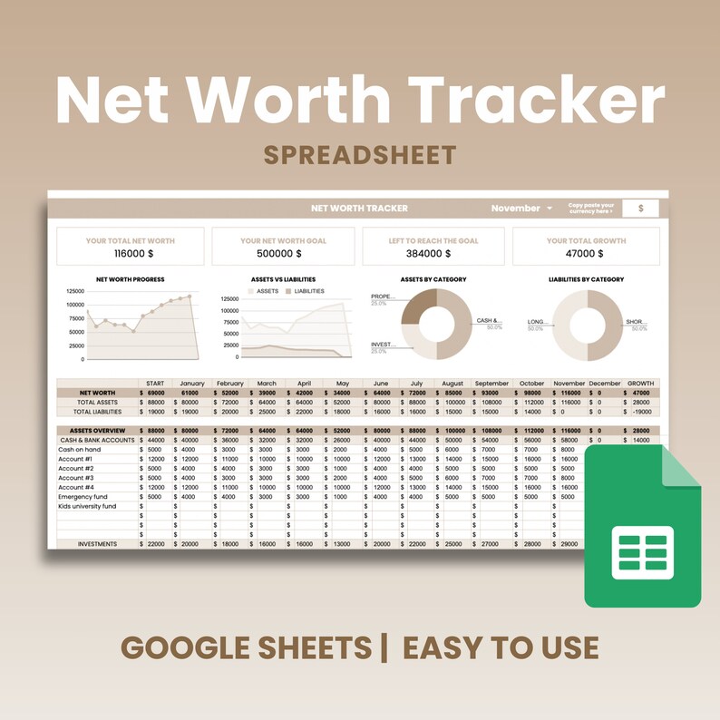 NET WORTH TRACKER Spreadsheet for Google Sheets Assets & Liabilities ...