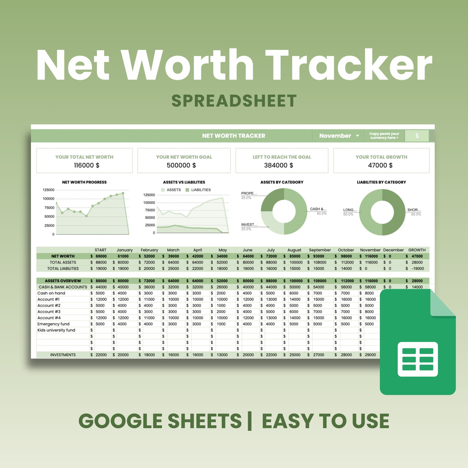 NET WORTH TRACKER Spreadsheet for Google Sheets | Assets & Liabilities ...