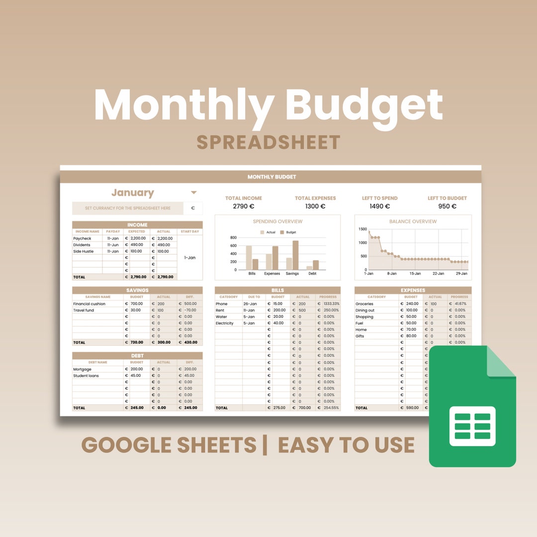 Monthly Budget Spreadsheet (sand) | Budget Sheet | Paycheck Budget ...