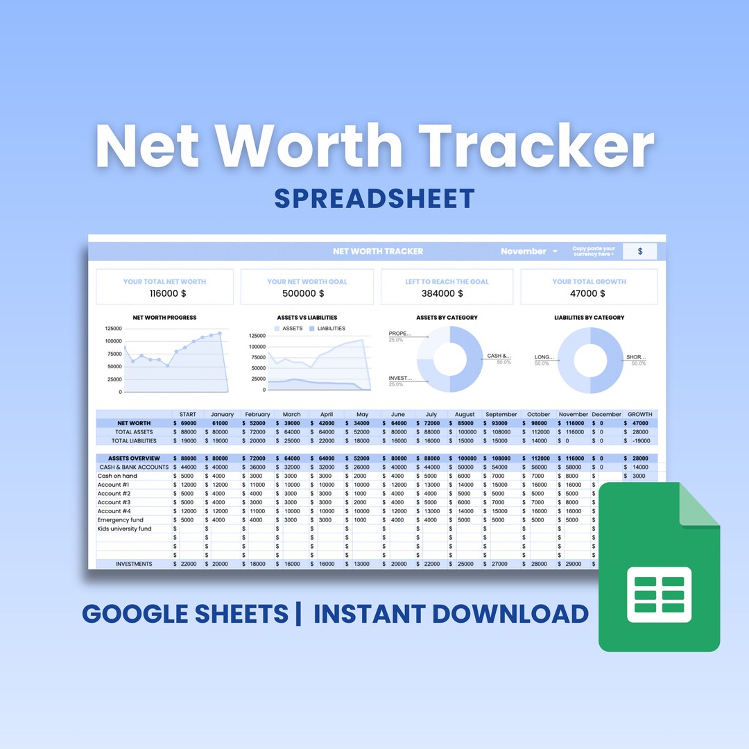 NET WORTH TRACKER Spreadsheet for Google Sheets | Assets & Liabilities ...