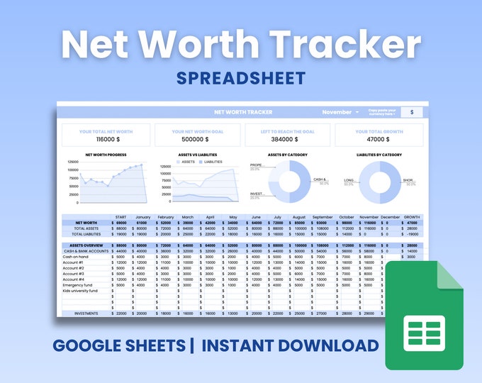 NET WORTH TRACKER Spreadsheet for Google Sheets | Assets & Liabilities ...