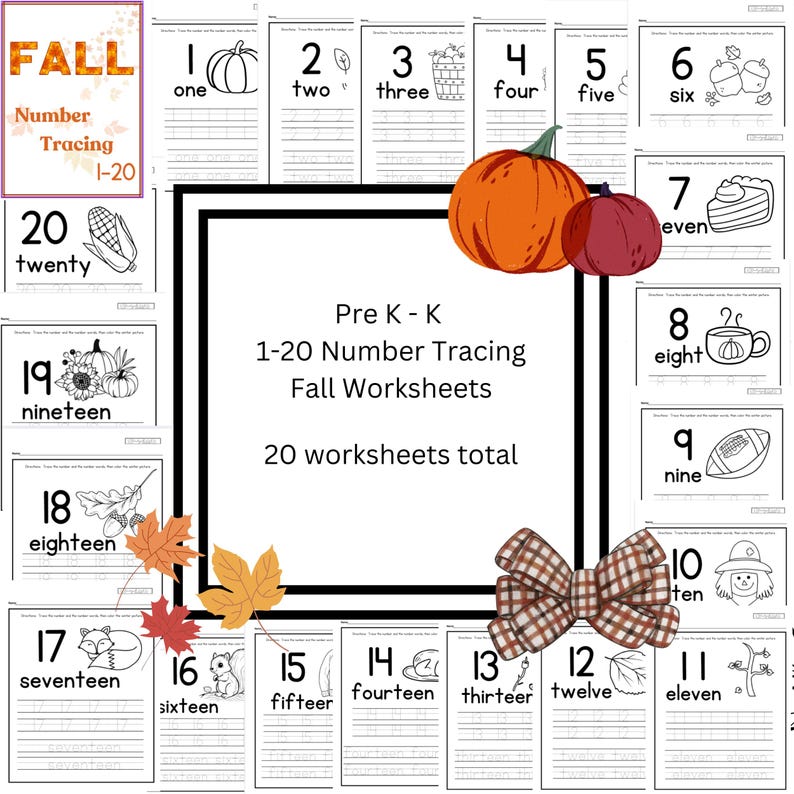 1-20 Number Tracing and Coloring Kindergarten Fall Worksheets for ...