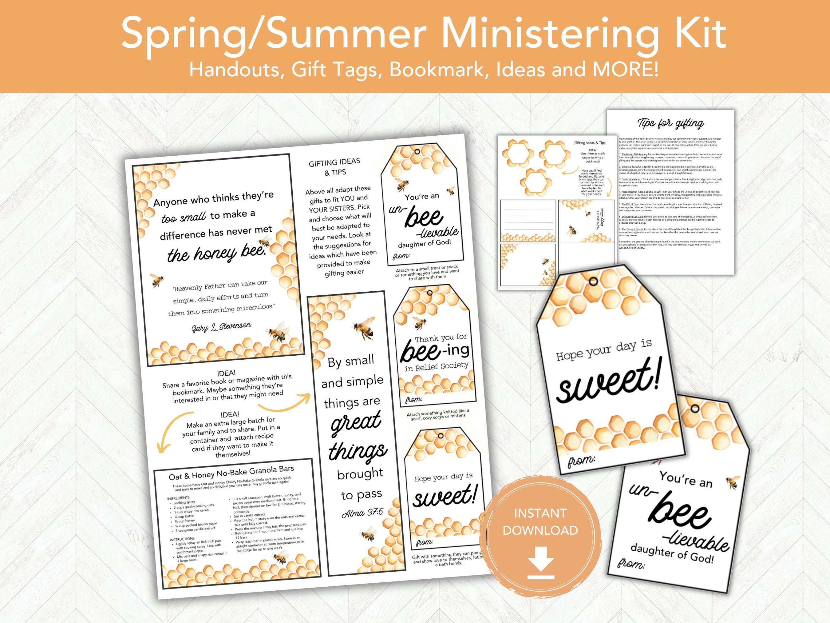 Spring or Summer Relief Society Ministering Handouts and Gift Tag, Bee ...