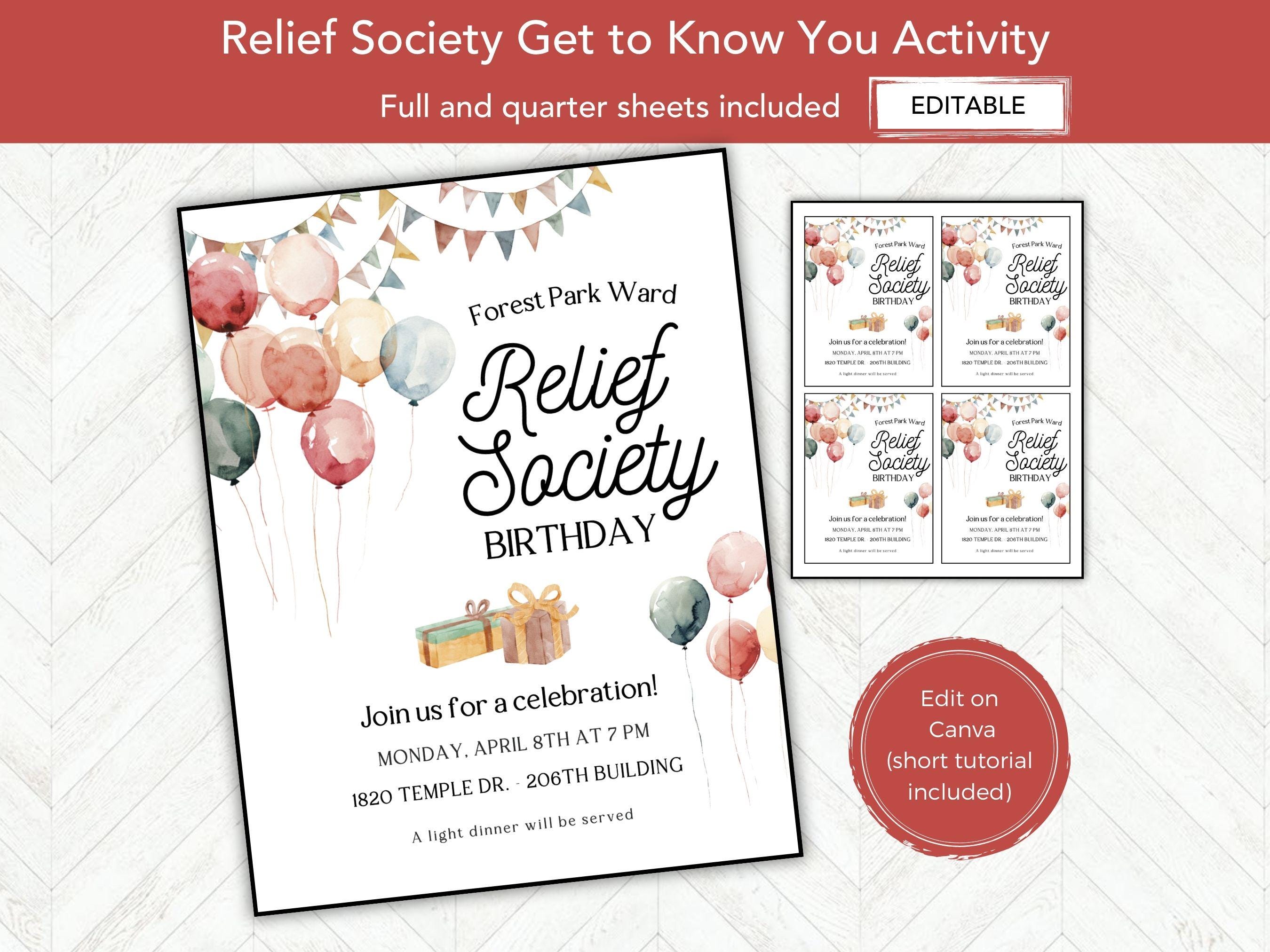 LDS Relief Society Birthday Celebration Activity, EDITABLE Activities ...