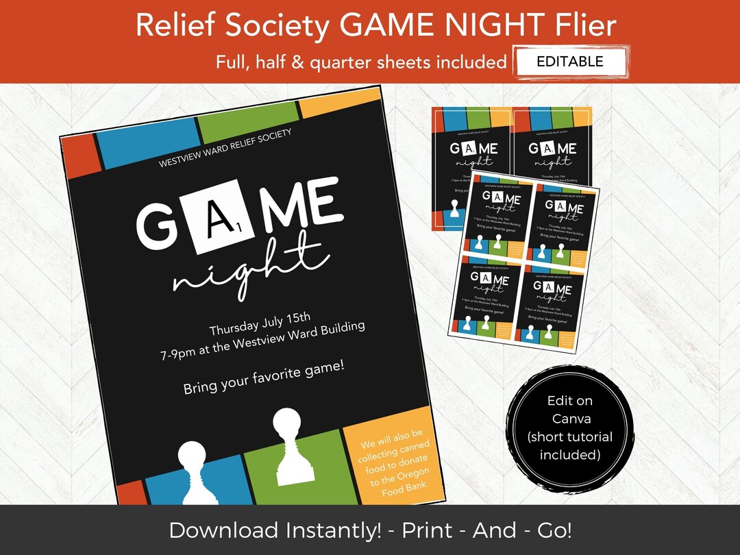 Relief Society Game Night Activity, EDITABLE RS Activity Invitation ...