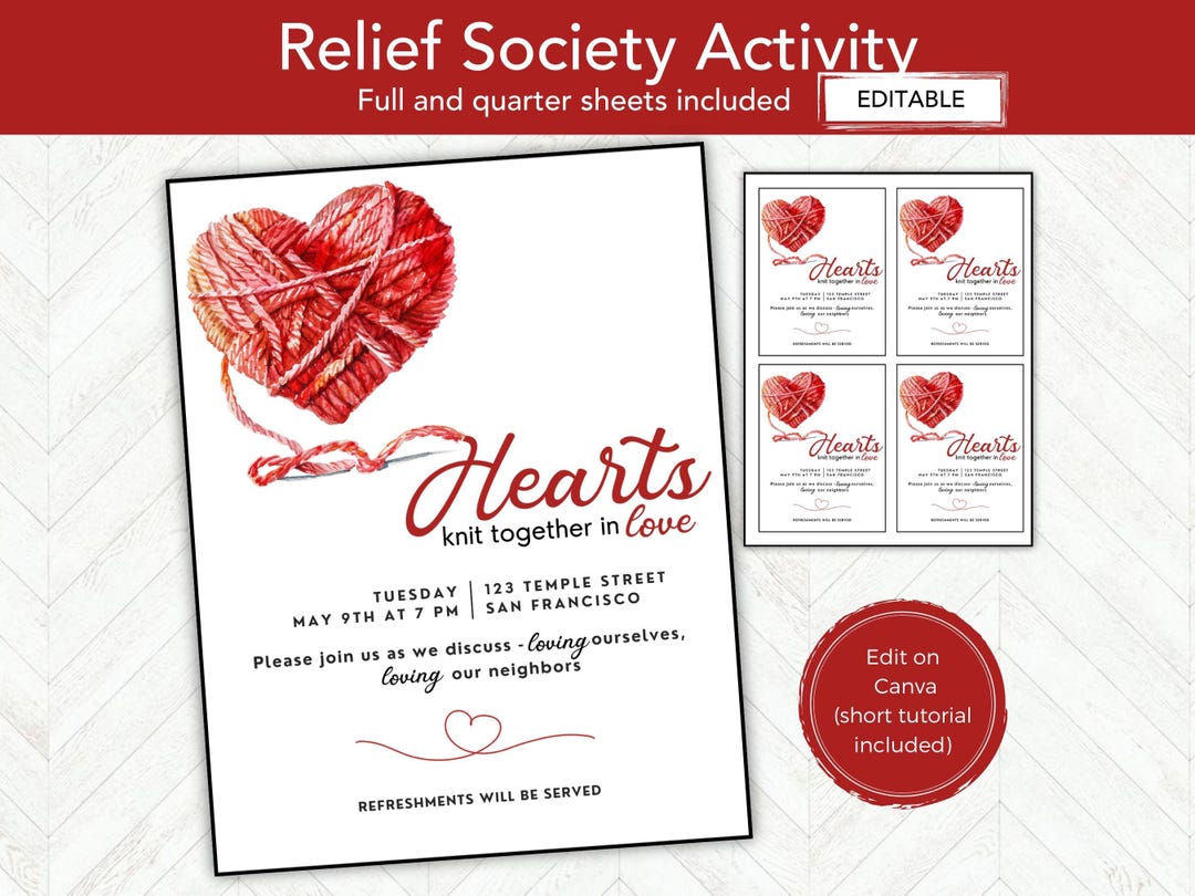 Hearts Knit Together in Love LDS Relief Society Activity, EDITABLE RS ...