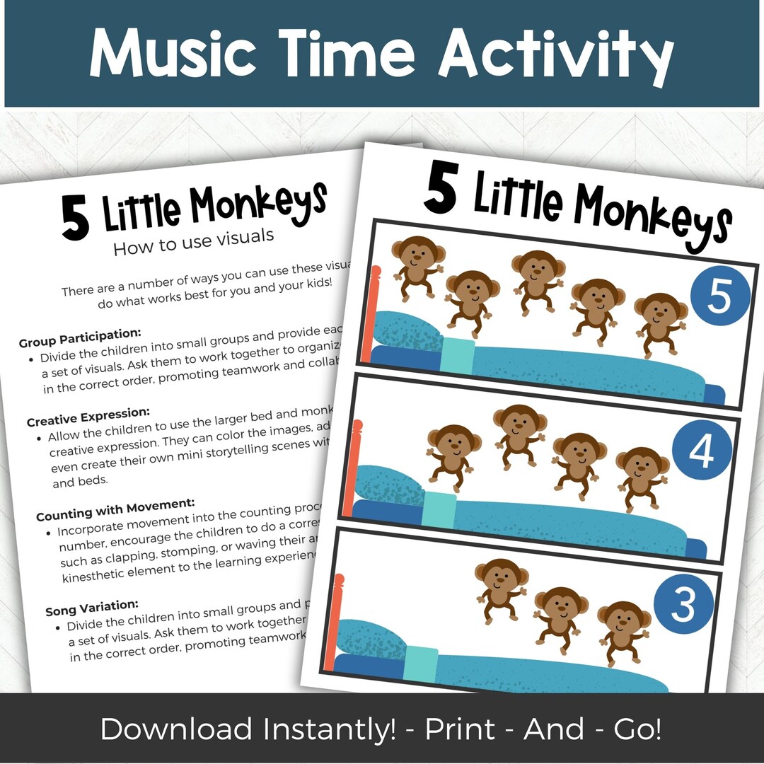 Printable Singing Time Activity, 5 Little Monkeys Visual Aids, Children ...