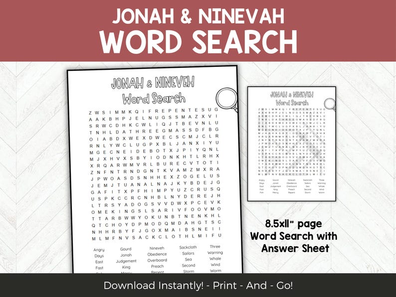 Jonah and the Whale Old Testament Bible Word Search Puzzle, Printable ...
