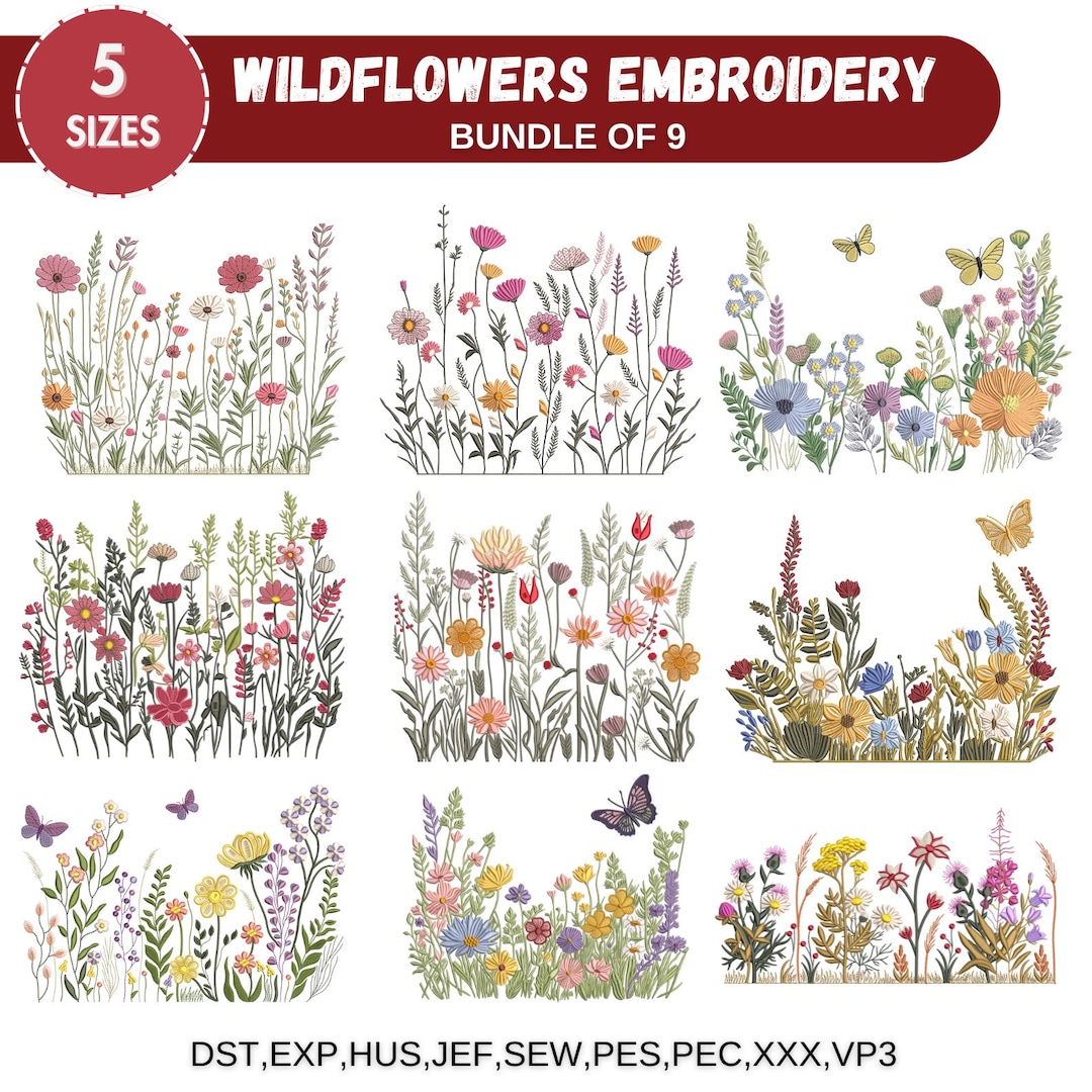 Wildflower Meadow Machine Embroidery Design, Cottagecore Wild Flowers ...