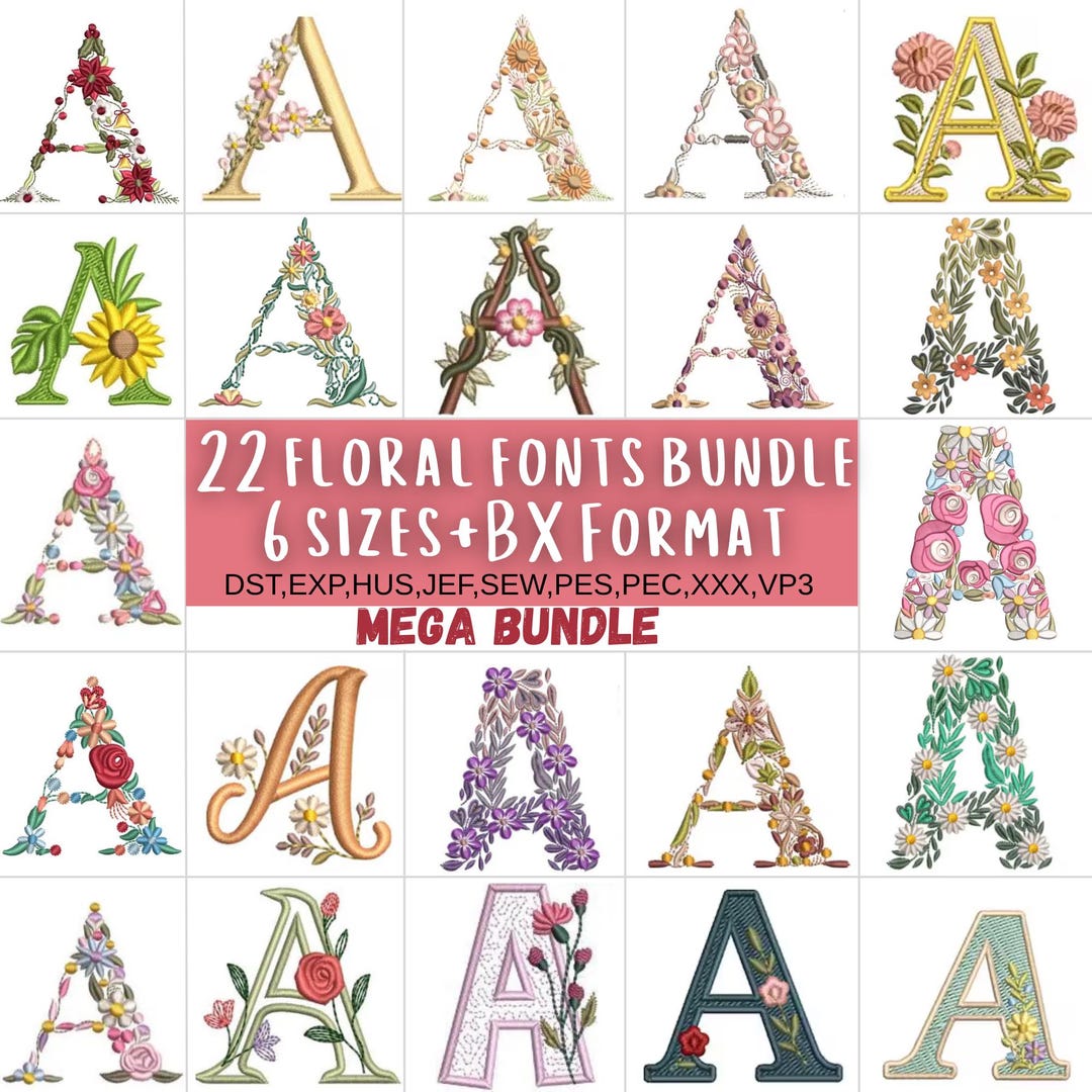 Floral Font Embroidery, A-Z Full Flower Alphabet Machine Embroidery ...