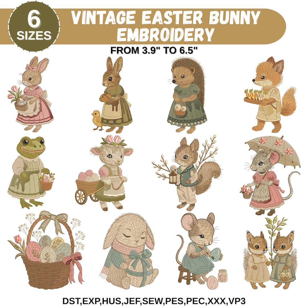 Desenhos de bordado vintage de animais de Páscoa: coelho da floresta ...