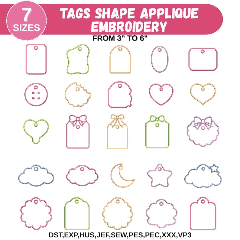 Tag Shapes Embroidery Design Bundle, Clean Outline Applique Shape ...