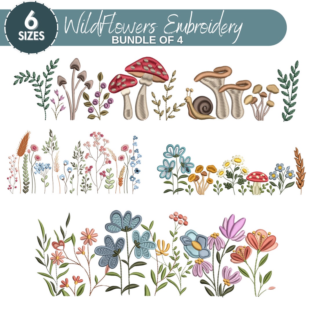 Wildflower Meadow Machine Embroidery Design, Mushroom Wild Flowers ...