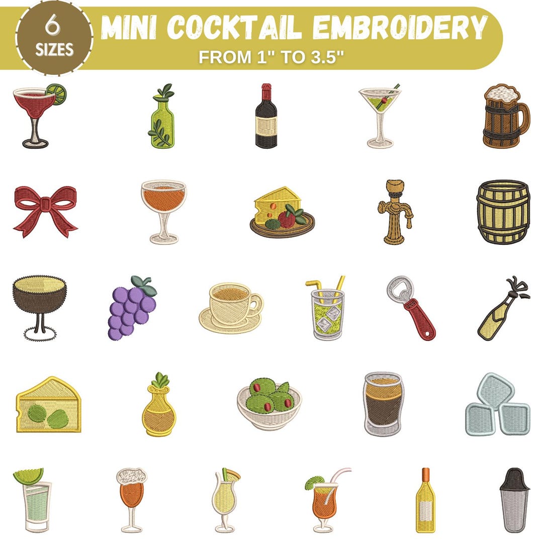 Set of 27 Cocktail Drink Mini Embroidery Design, Summer Embroidery ...