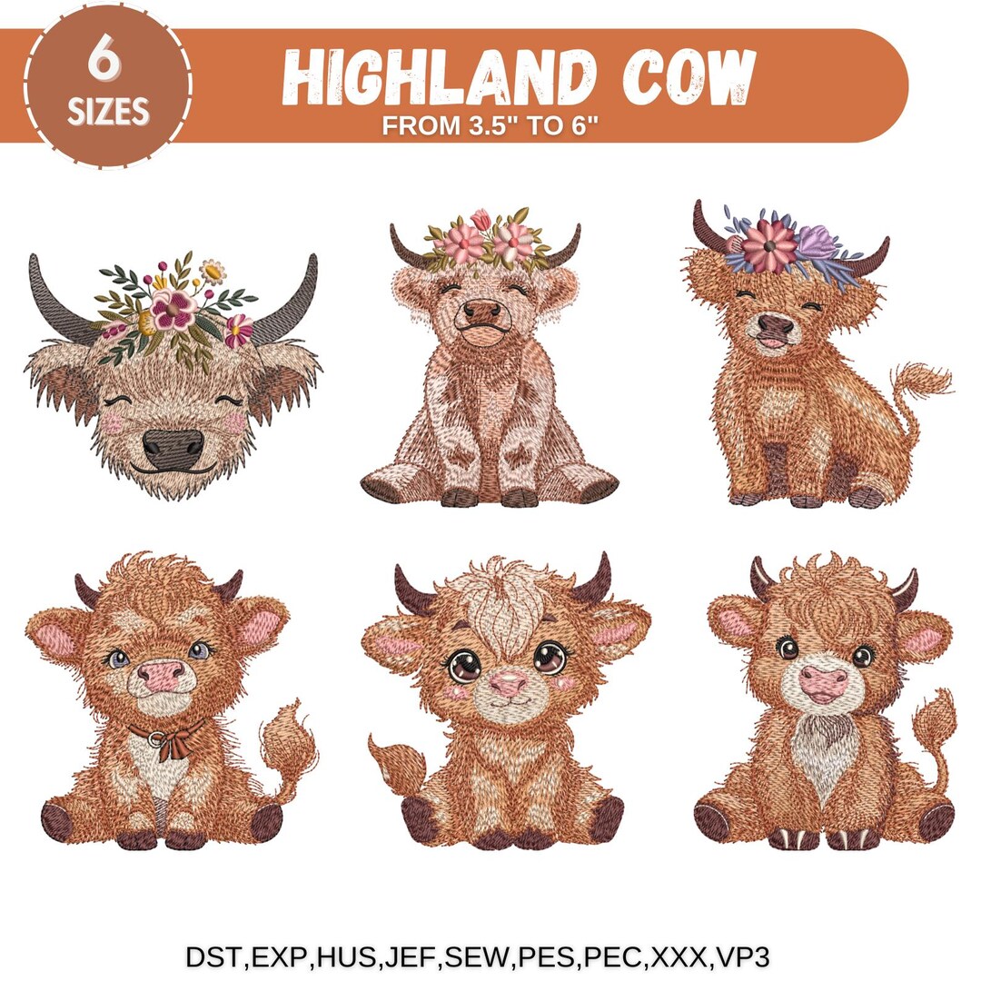 Highland Cow Machine Embroidery Design, Floral Farm Animal, Baby ...