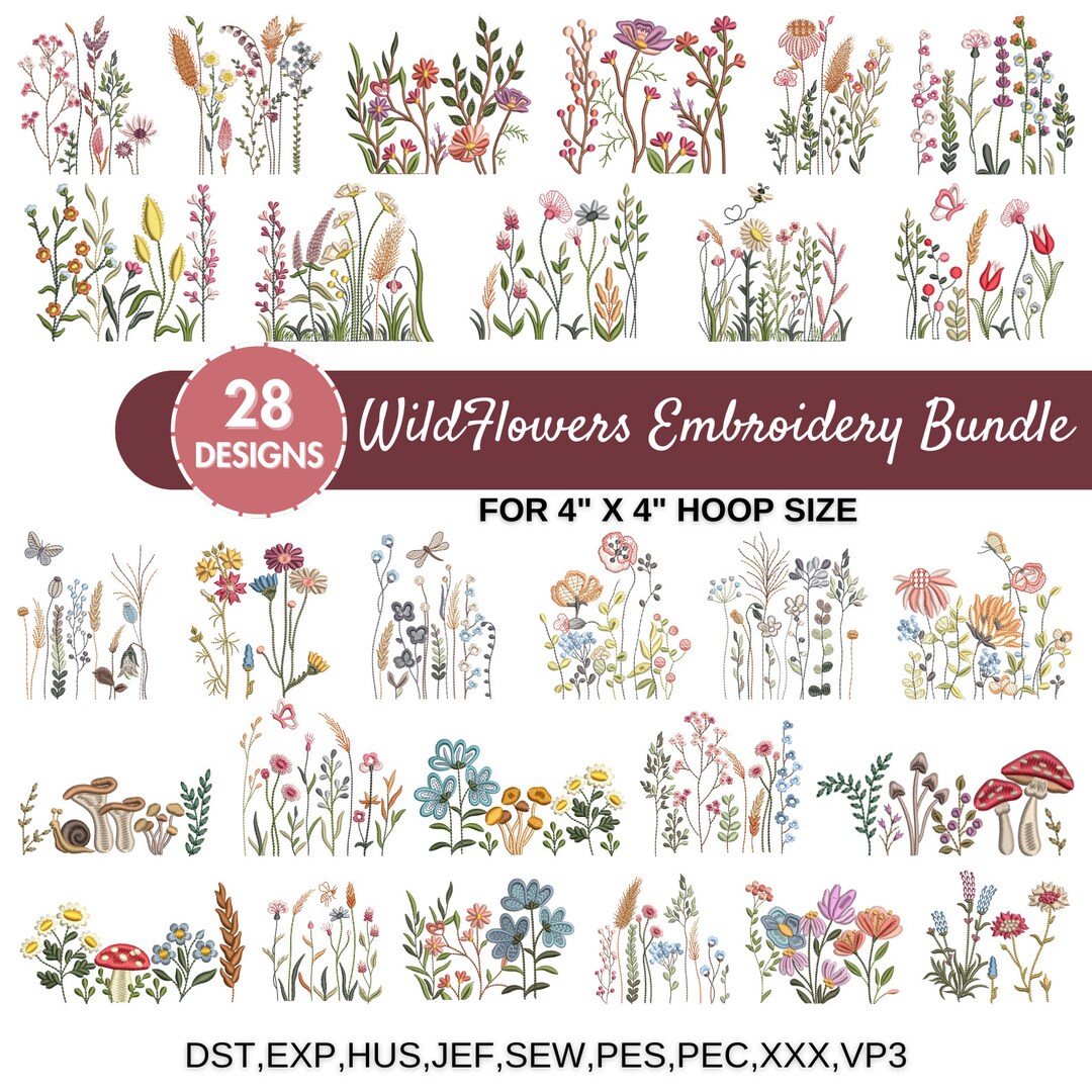 Wildflower Meadow Machine Embroidery Design, 4 X 4 Hoop, Wild Flowers ...