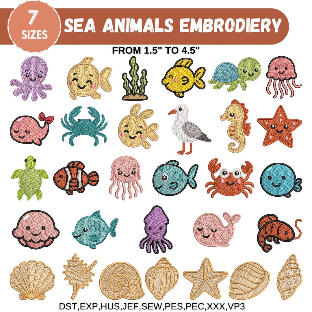 Sea Embroidery Machine Designs, Cute Baby Sea Animals, Sea Shells, Sea ...