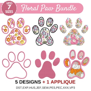 Paw Print Machine Embroidery Design, Floral Paw Print Embroidery ...