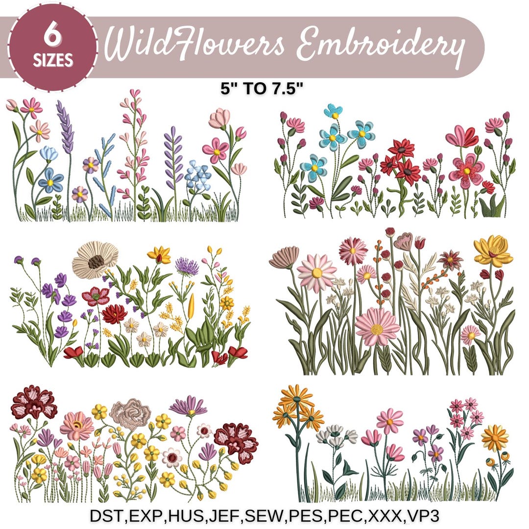 Wildflower Meadow Machine Embroidery Design, Cottagecore Wild Flowers ...