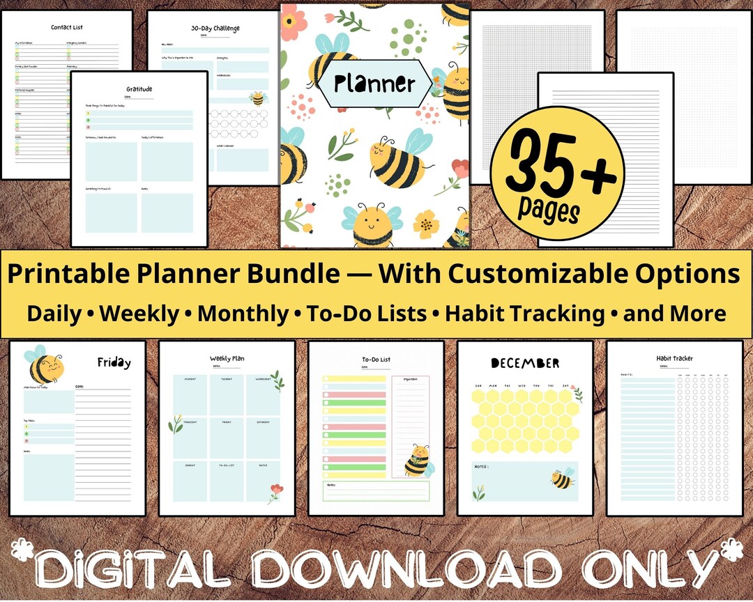 Cute Bumblebee Digital and Printable Planner Bundle, Customizable ...