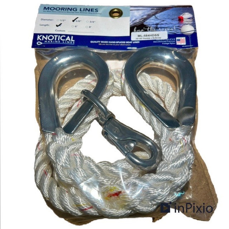 Mooring Line 5/8" Diameter Line X 6'. Premium 3 Strand Nylon Stainless ...