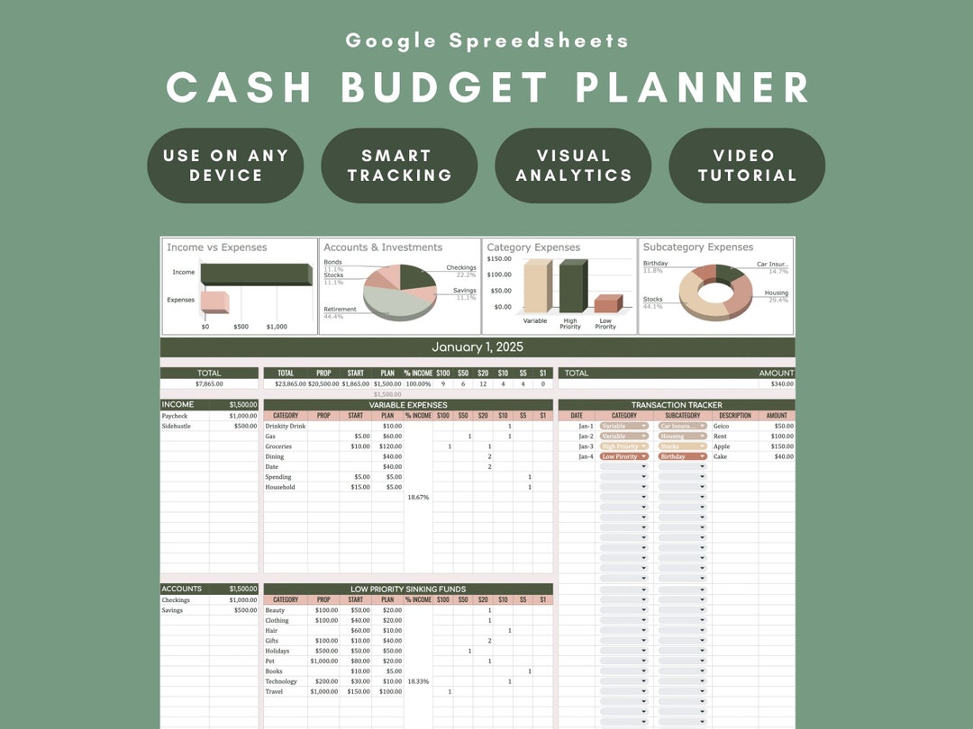 Cash Budget Planner Google Spreadsheet, Video Tutorial Included, Income, Accounts, Investments ...