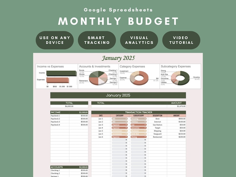 Monthly Budget Spreedsheet, Video Tutorial Included, Google Sheets ...