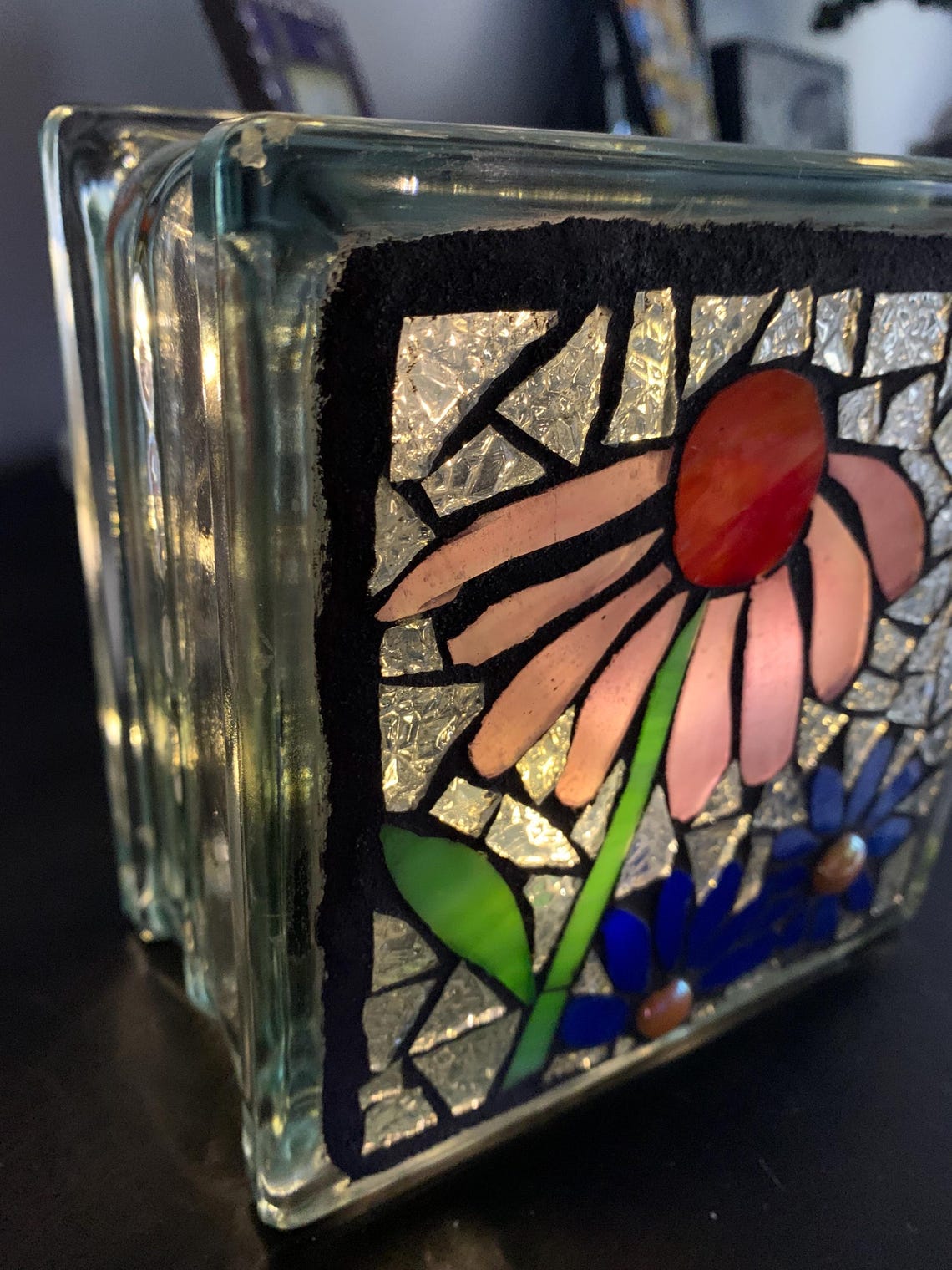 Coneflower Glass Block Mosaic With Fairy Lights - Etsy