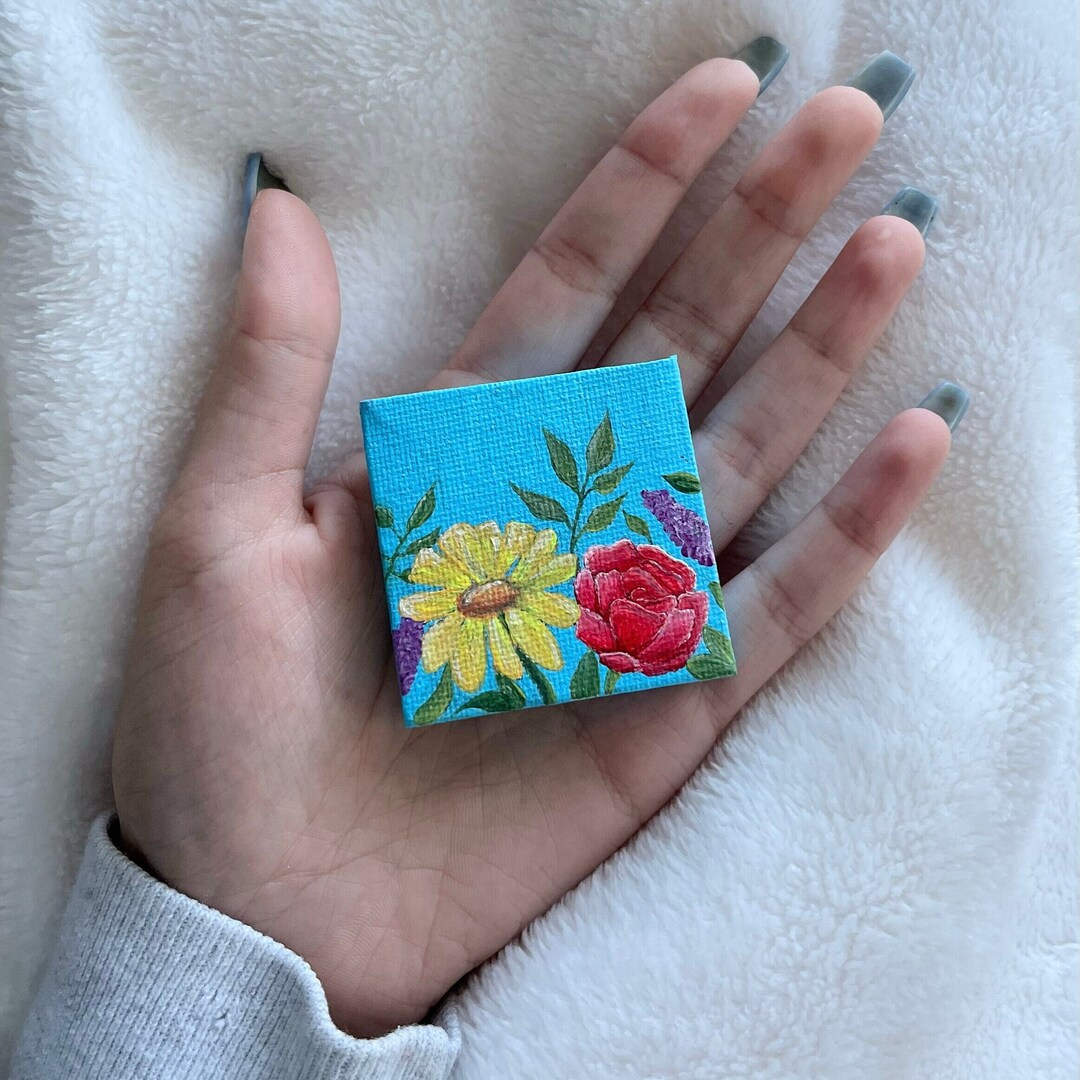 Mini Painting Canvas Sunflower Rose Lavender Leaves 2x2 Hand Painted ...