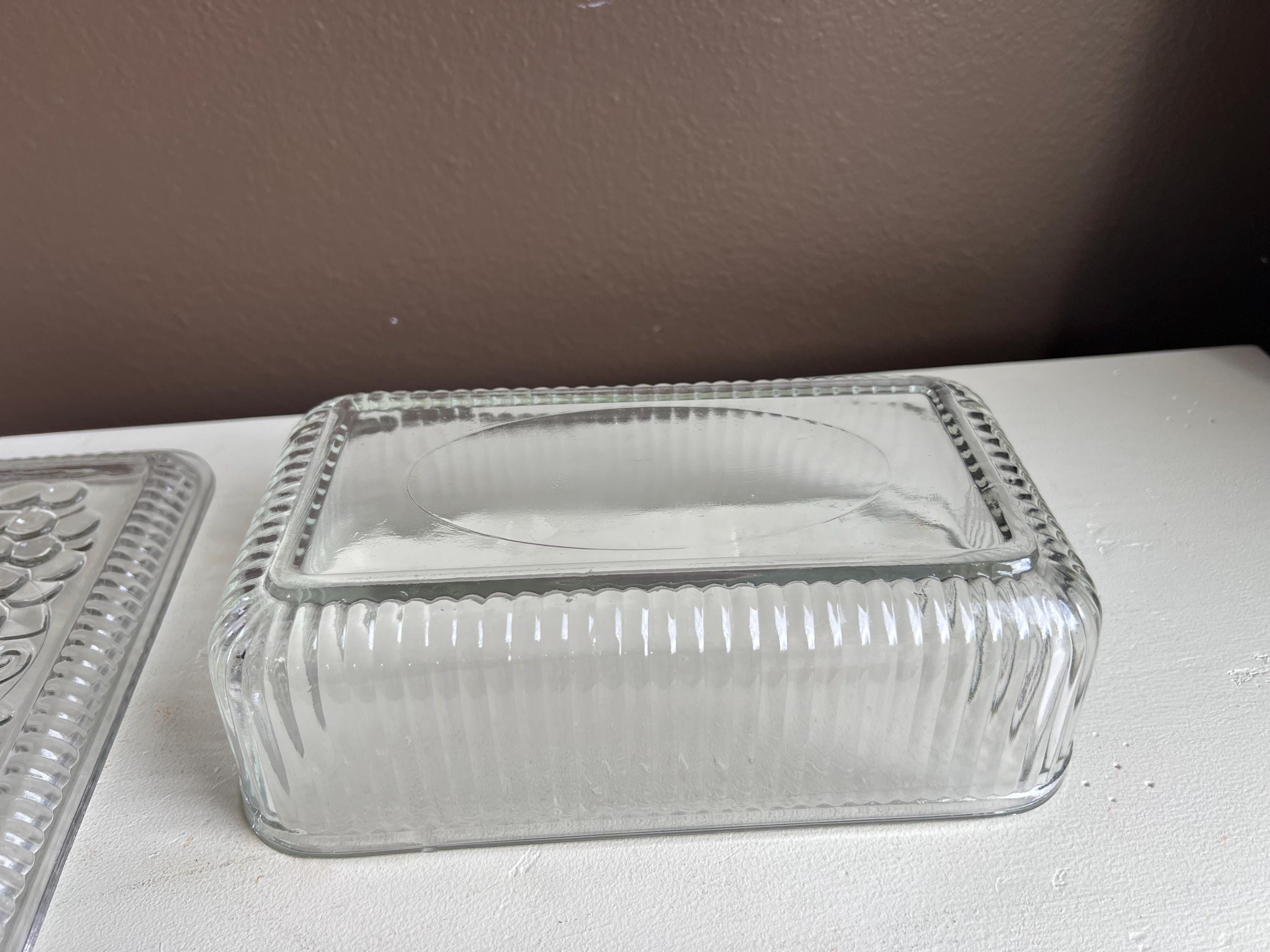 Vintage Clear Glass Refrigerator Dish Embossed Fruit Lid Ribbed Sides ...