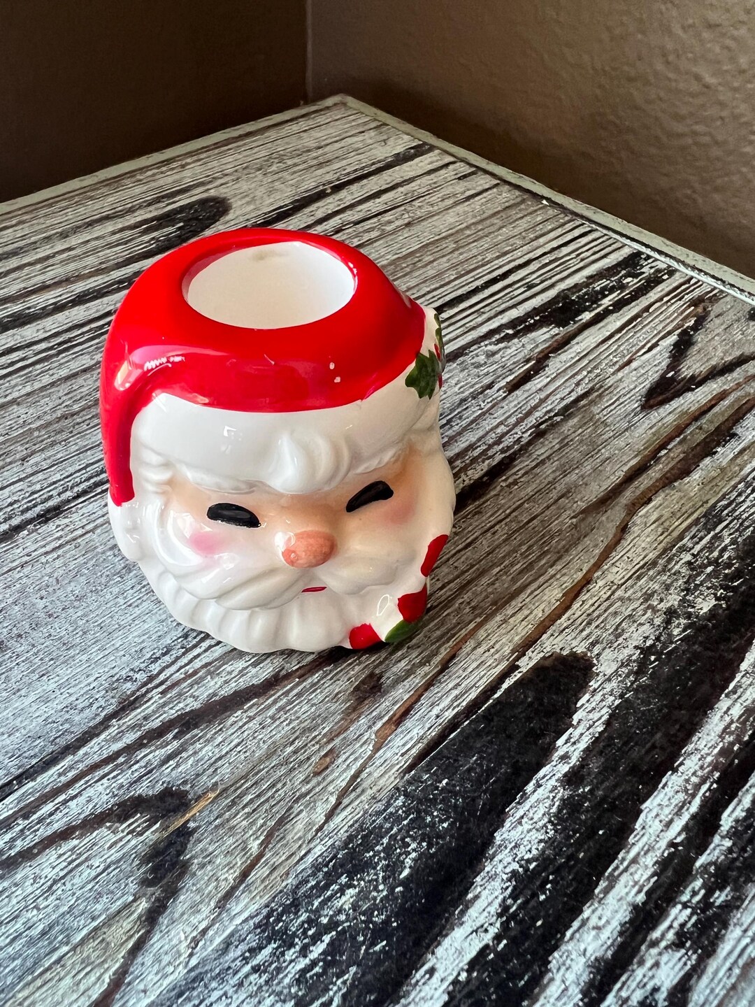 Vintage Santa Clause Candle Holder With Holly and Candy Cane Adorable ...