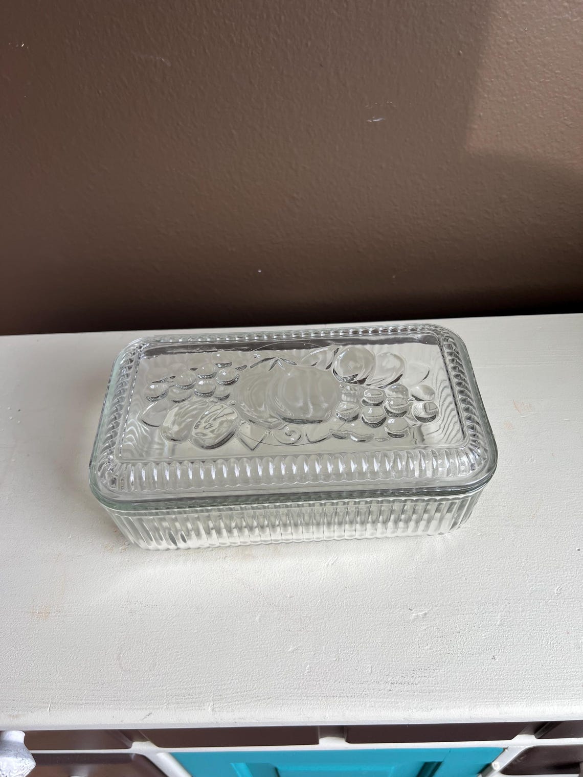 Vintage Clear Glass Refrigerator Dish Embossed Fruit Lid Ribbed Sides ...