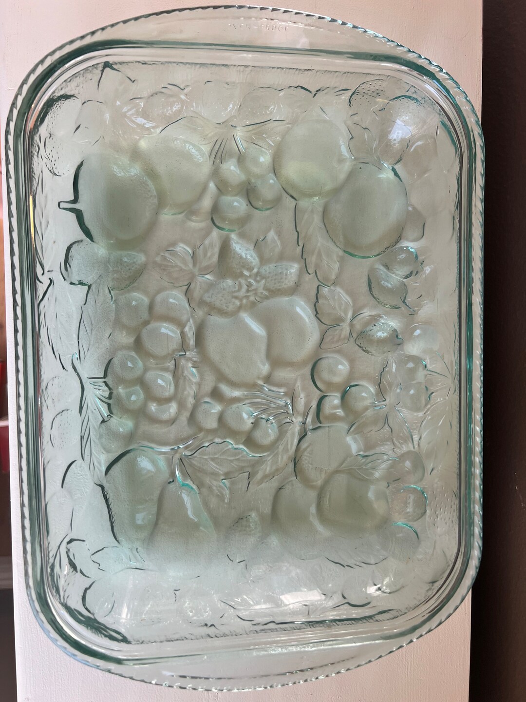 Vintage Libbey Orchard Fruit Embossed Green Glass Casserole Baking Dish ...