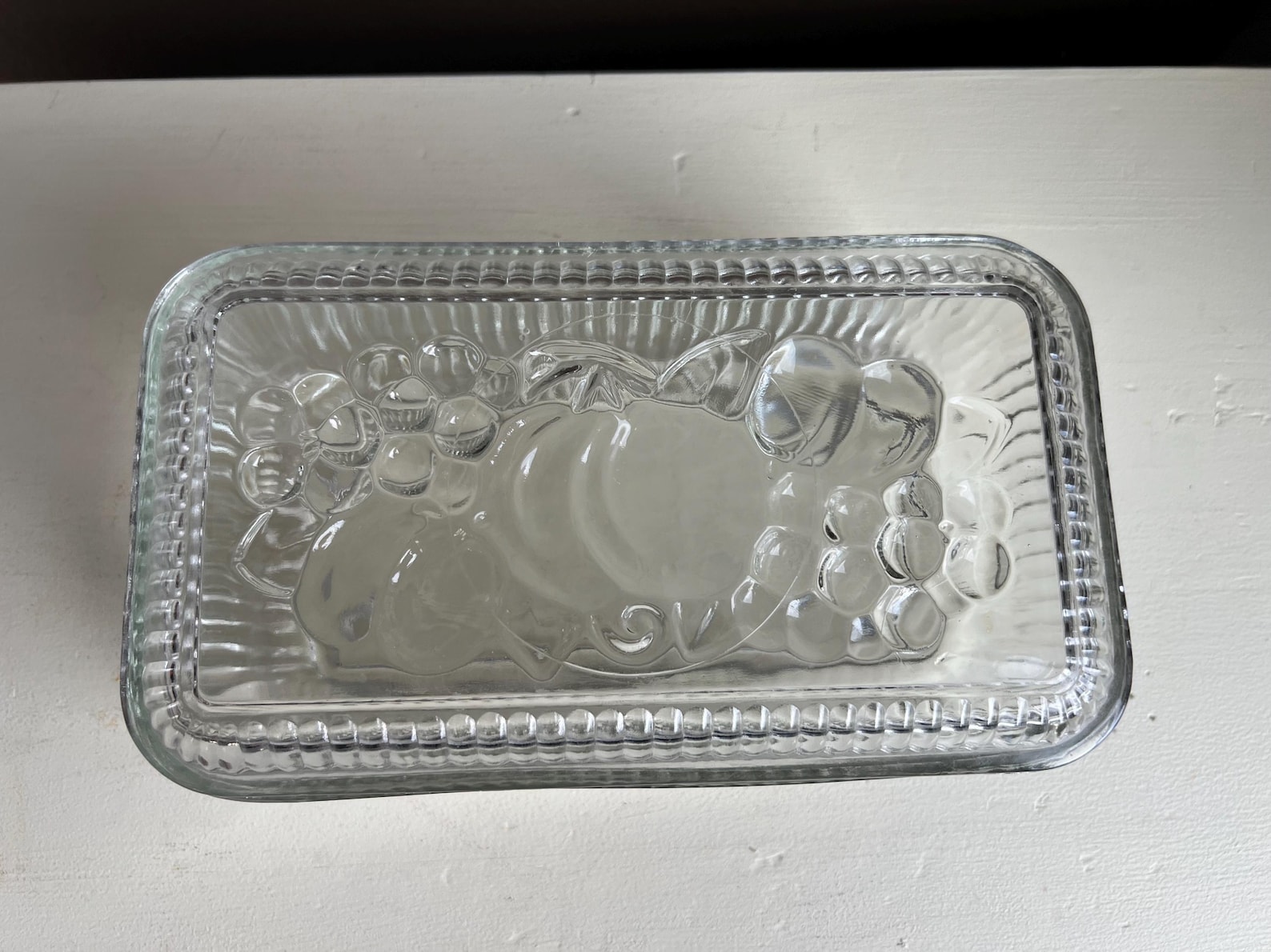 Vintage Clear Glass Refrigerator Dish Embossed Fruit Lid Ribbed Sides ...