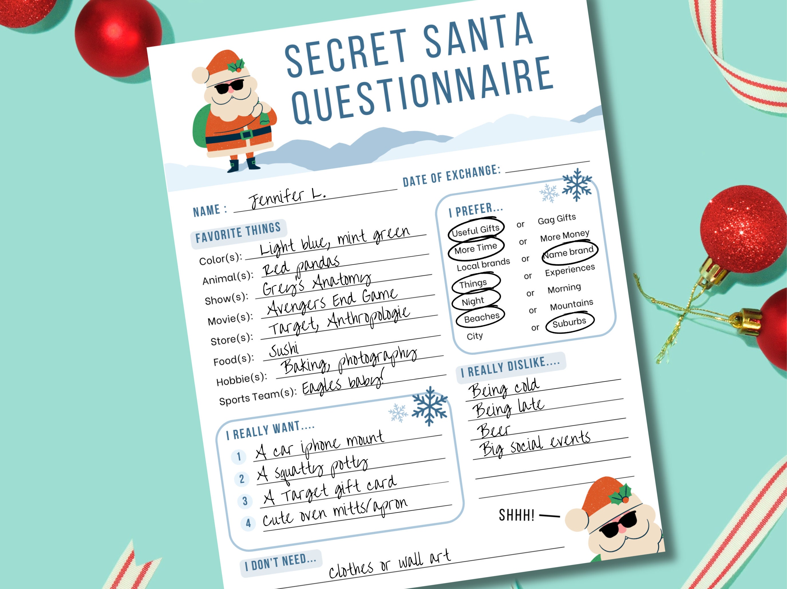 Secret Santa Questionnaire for Adults Secret Santa Printable - Etsy