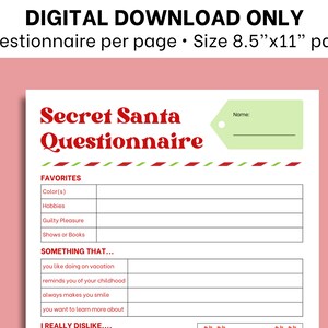 Printable Secret Santa Questionnaire: Gift Exchange Template (PDF) - Etsy
