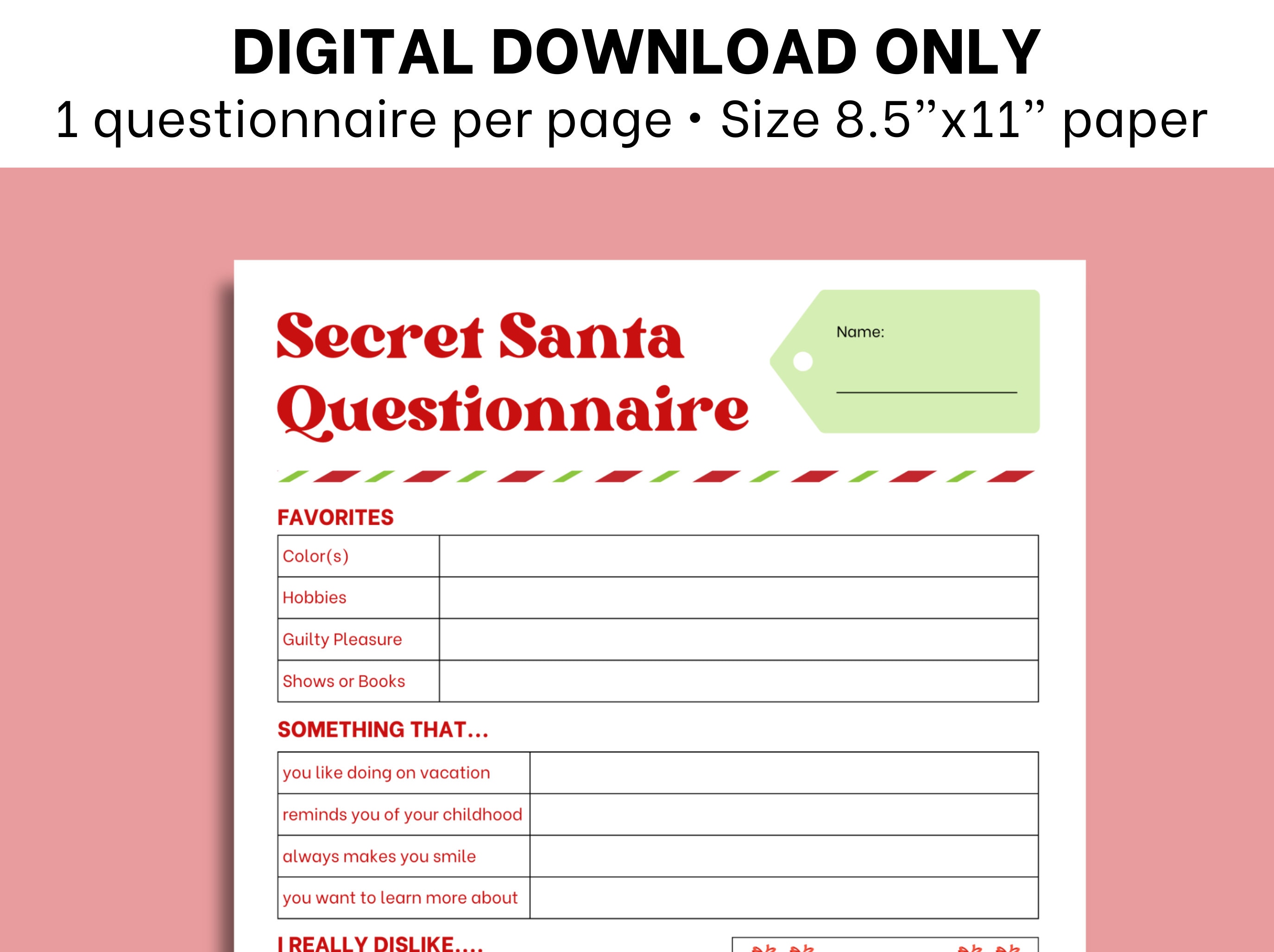 Coworker Secret Santa Questionnaire Secret Santa Template - Etsy