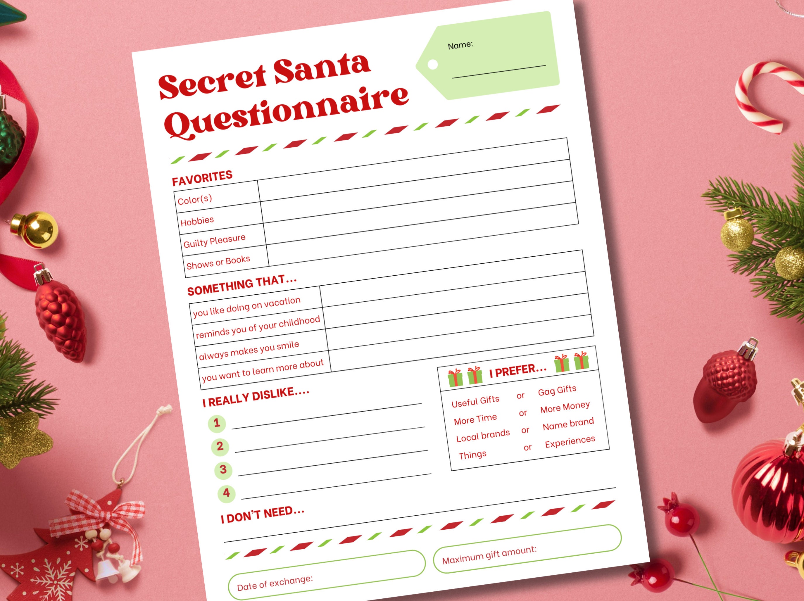 Printable Secret Santa Questionnaire: Gift Exchange Template (PDF) - Etsy