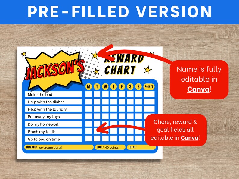EDITABLE Kids Chore Reward Chart Superhero Chore Chart Template Reward ...