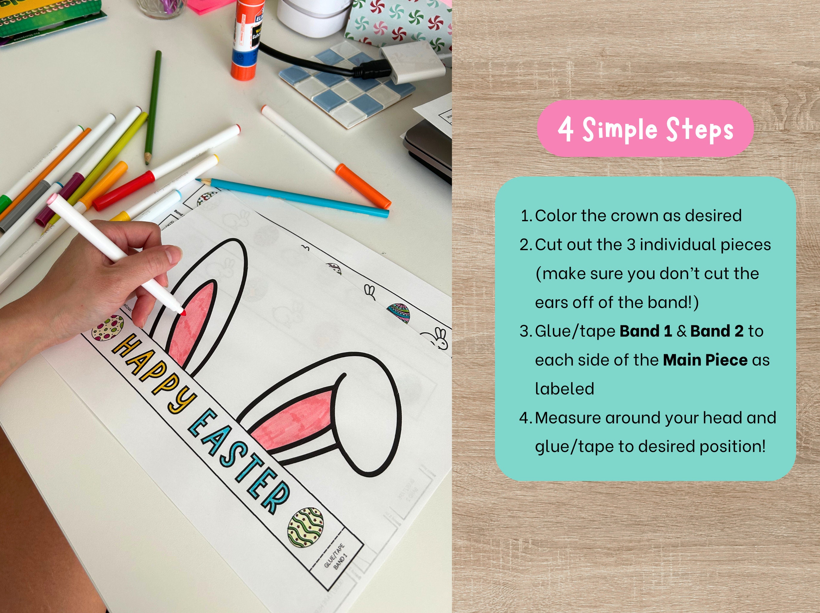 Easter Bunny Paper Crown Craft Bunny Ears Craft Coloring Kid's Activity ...