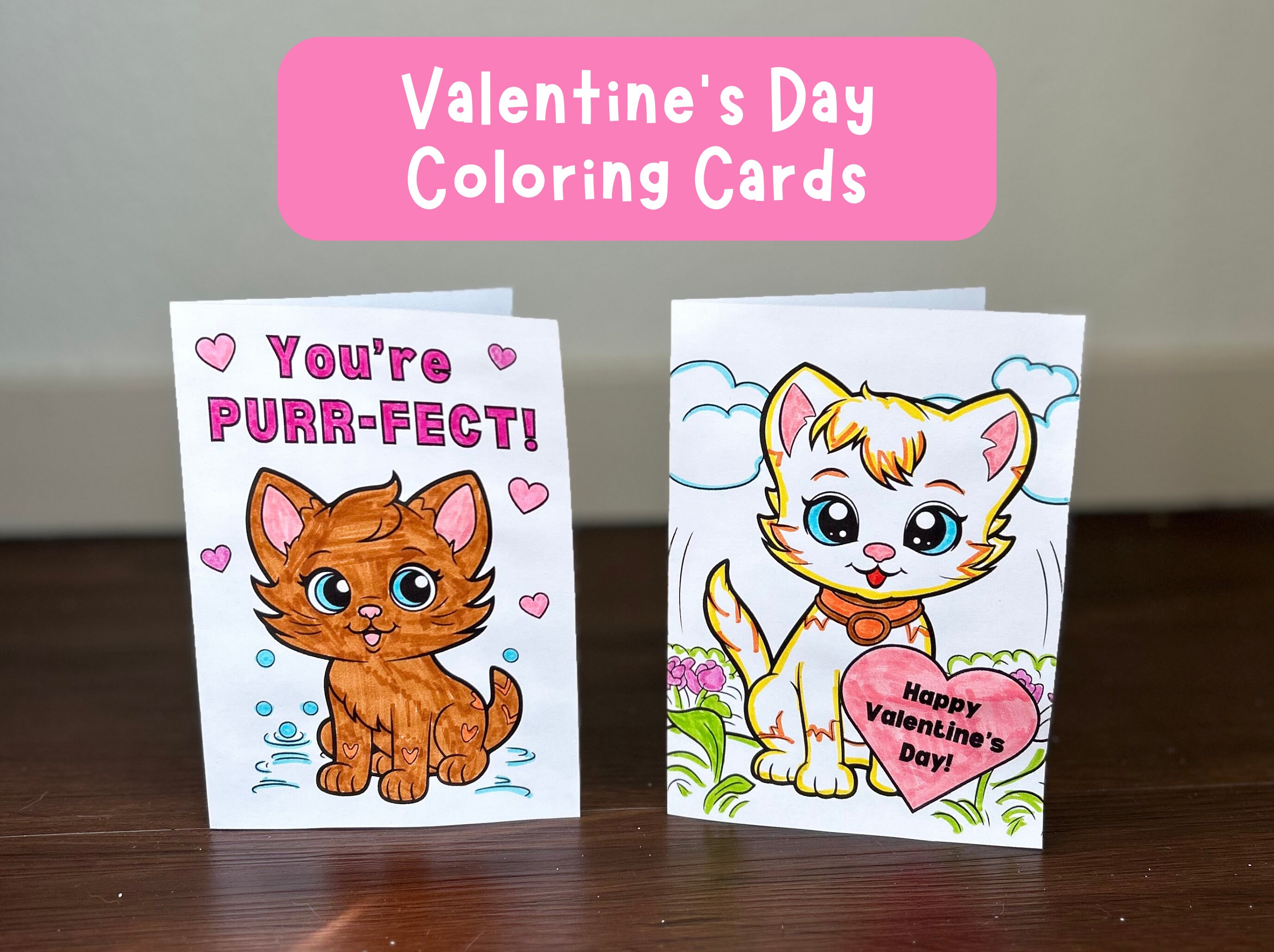 Cat Themed Valentine's Day Coloring Cards Kids Coloring Valentines - Etsy