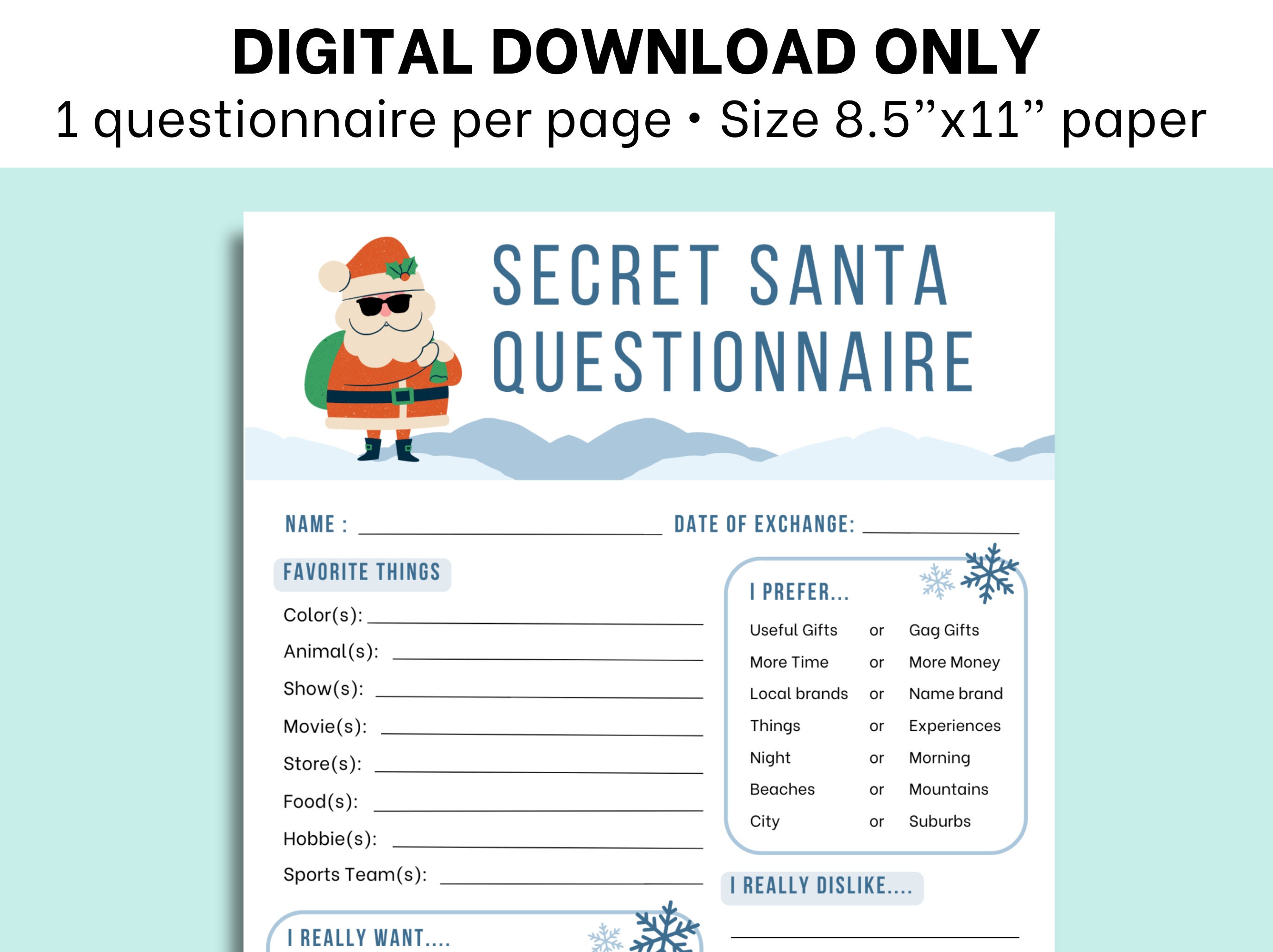 Secret Santa Questionnaire for Adults Secret Santa Printable - Etsy