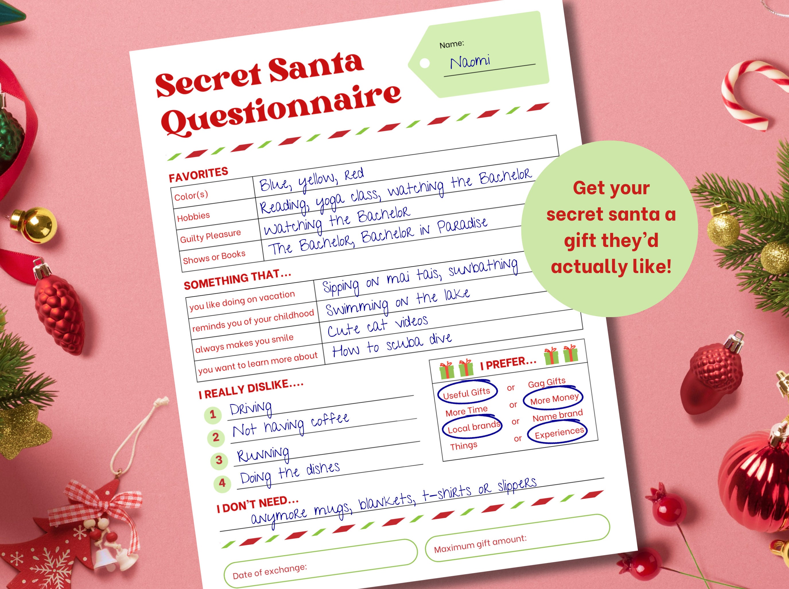 Printable Secret Santa Questionnaire: Gift Exchange Template (PDF) - Etsy